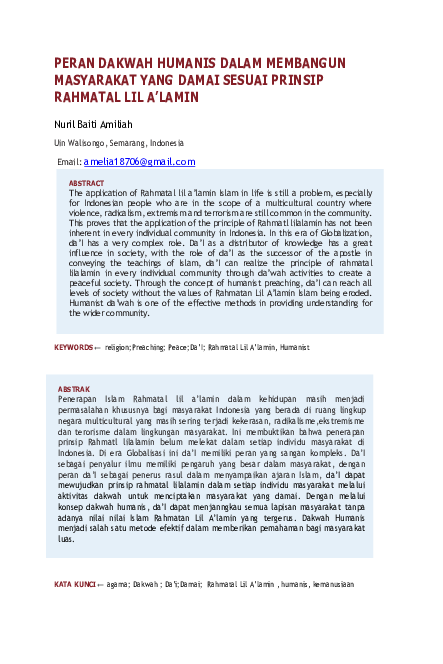 (PDF) PERAN DAKWAH HUMANIS DALAM MEMBANGUN MASYARAKAT YANG DAMAI SESUAI PRINSIP RAHMATAL LIL A'LAMIN