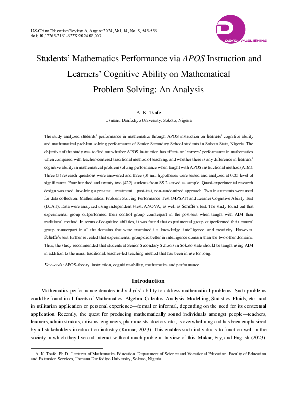 (PDF) Students' Mathematics Performance via APOS Instruction and Learners' Cognitive Ability on ...