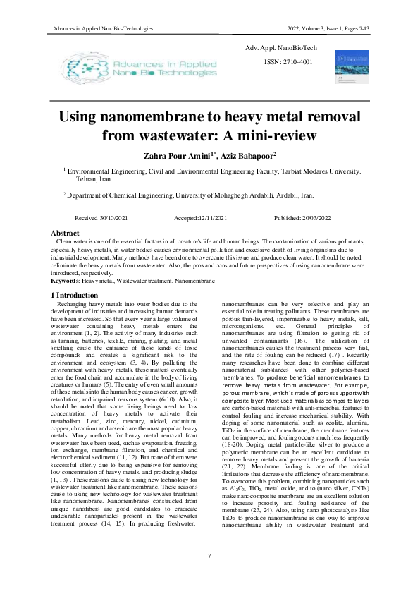 (PDF) Using nanomembrane to heavy metal removal from wastewater: A mini-review
