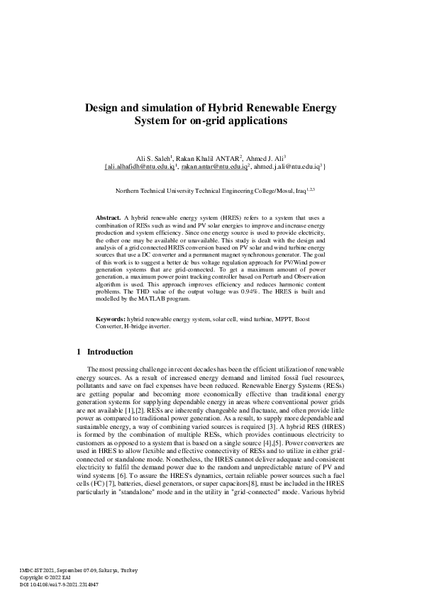 Pdf Design And Simulation Of Hybrid Renewable Energy System For On Grid Applications