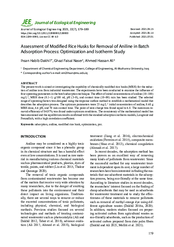 (PDF) Assessment of Modified Rice Husks for Removal of Aniline in Batch Adsorption Process ...
