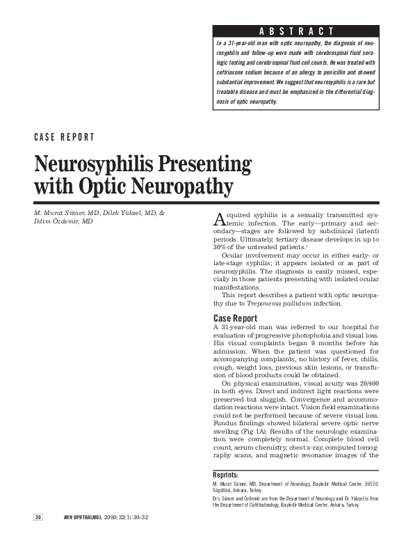(PDF) Neurosyphilis presenting with optic neuropathy