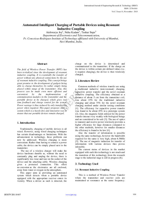 Pdf Automated Intelligent Charging Of Portable Devices Using Resonant Inductive Coupling