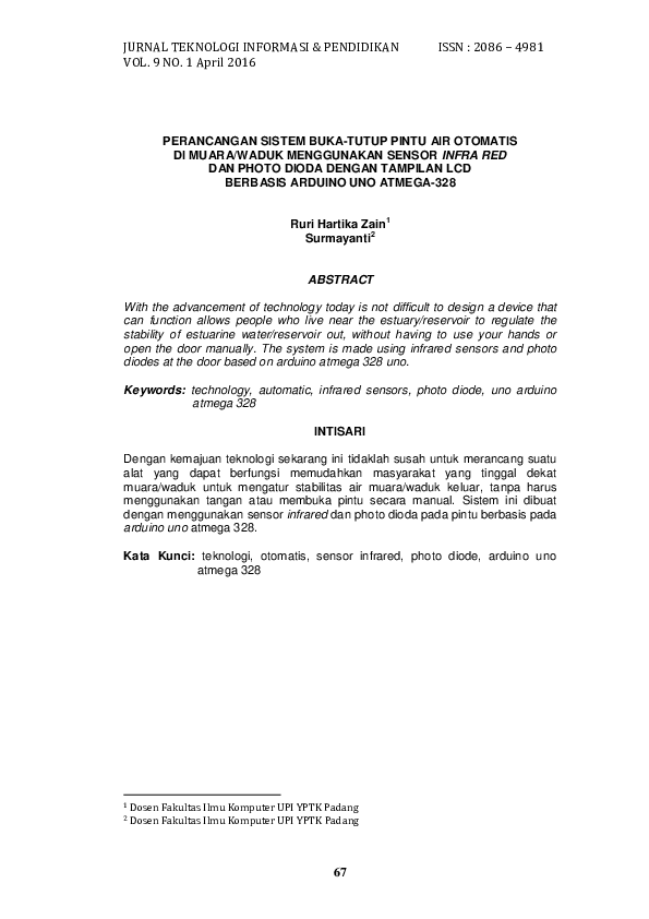 Pdf Perancangan Sistem Buka Tutup Pintu Air Otomatis Di Muara Waduk Menggunakan Sensor Infra