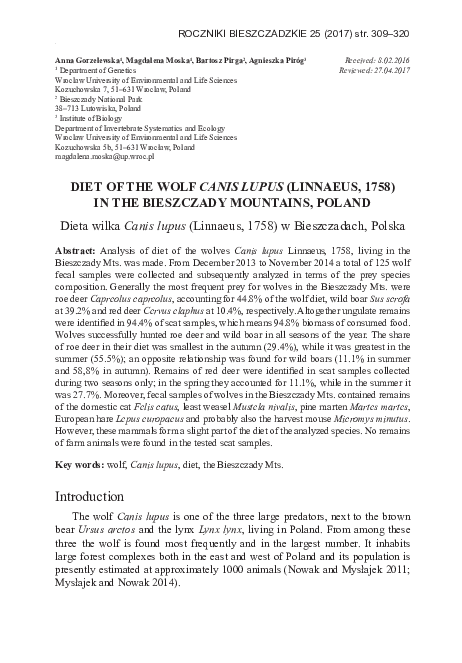 (PDF) Diet of the wolf Canis lupus (Linnaeus, 1758) in the Bieszczady ...