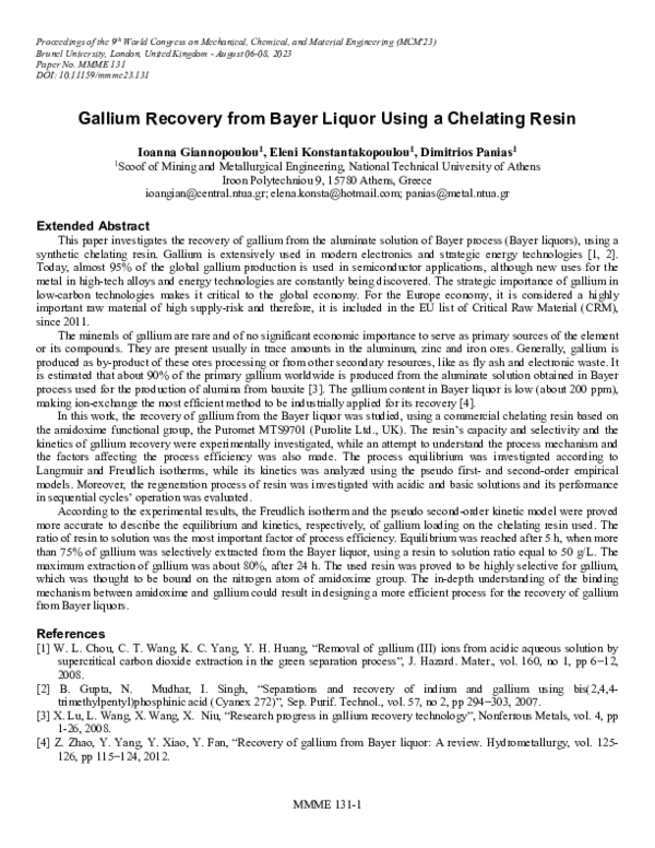 (PDF) Gallium Recovery from Bayer Liquor Using a Chelating Resin