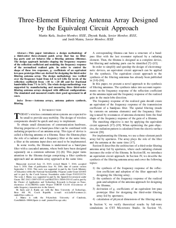 Pdf Three Element Filtering Antenna Array Designed By The Equivalent Circuit Approach