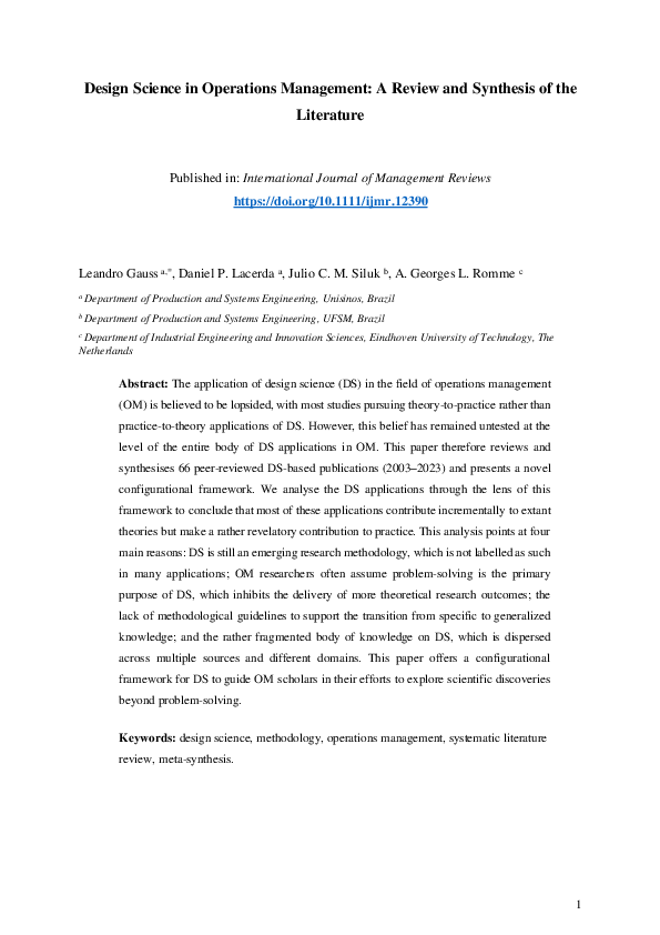 (PDF) Design Science in Operations Management: A Review and Synthesis of the Literature