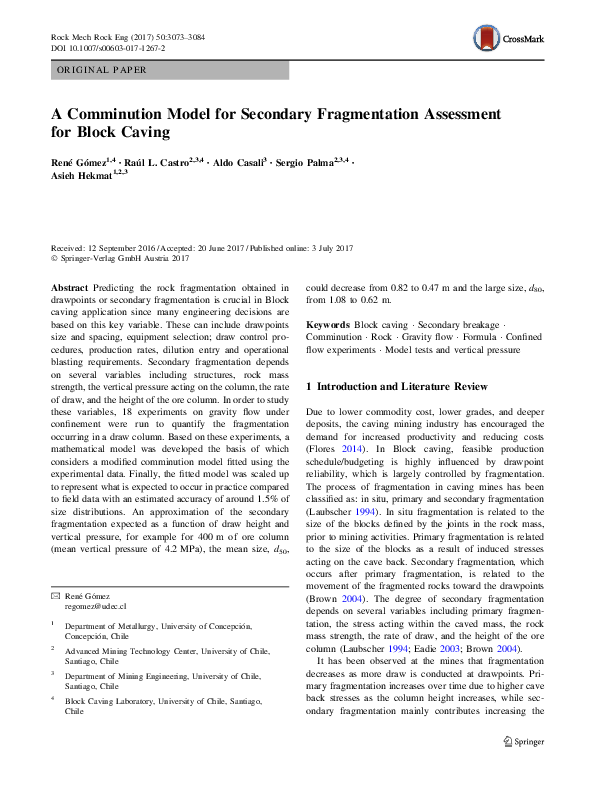 (PDF) A Comminution Model for Secondary Fragmentation Assessment for ...