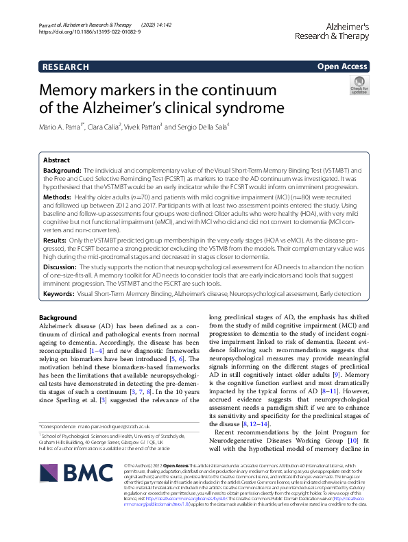 (PDF) Memory Markers In The Continuum Of The Alzheimer’s Clinical ...