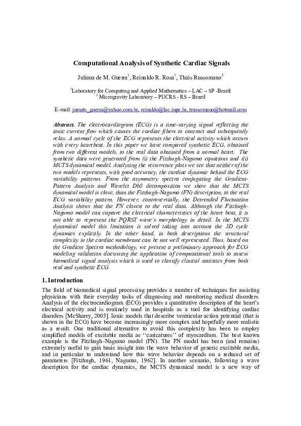 (PDF) Computational Analysis of Synthetic Cardiac Signals | Thais Russomano - Academia.edu