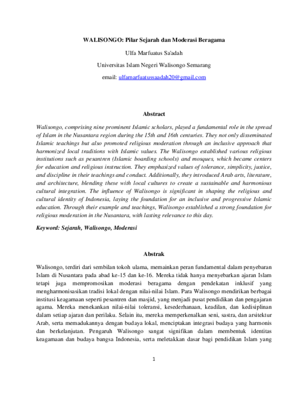 (PDF) Ulfa Marfuatus S 050 WALISONGO Pilar Sejarah dan Moderasi Beragama Nusantara | Siti Nana ...