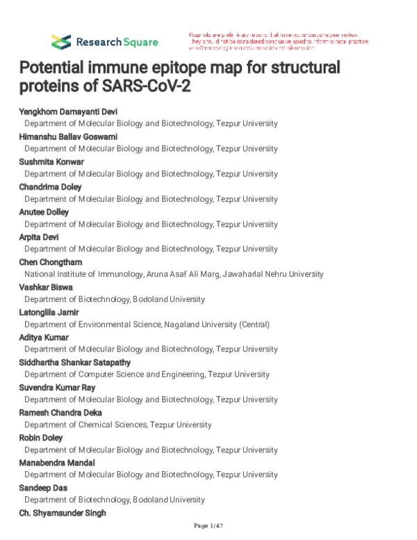 (PDF) Potential immune epitope map for structural proteins of SARS-CoV ...