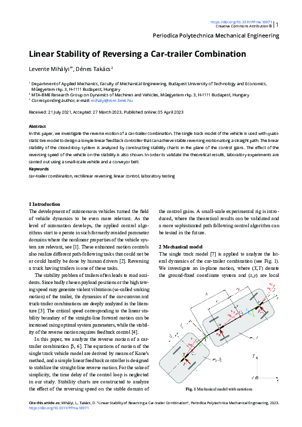(PDF) Linear Stability of Reversing a Car-trailer Combination