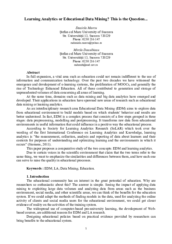 (PDF) Learning Analytics or Educational Data Mining? This is the Question