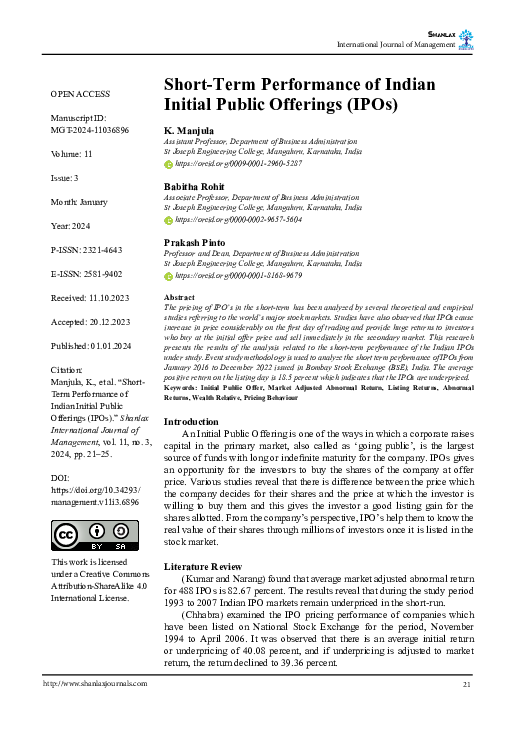 (PDF) Short-Term Performance of Indian Initial Public Offerings (IPOs)