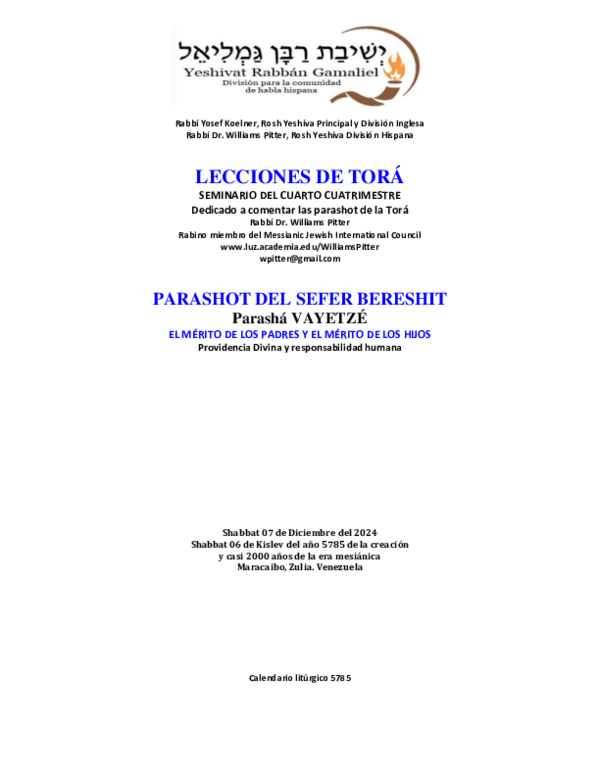 (PDF) Parashá Vayetzé 5785: EL MÉRITO DE LOS PADRES Y EL MÉRITO DE LOS HIJOS