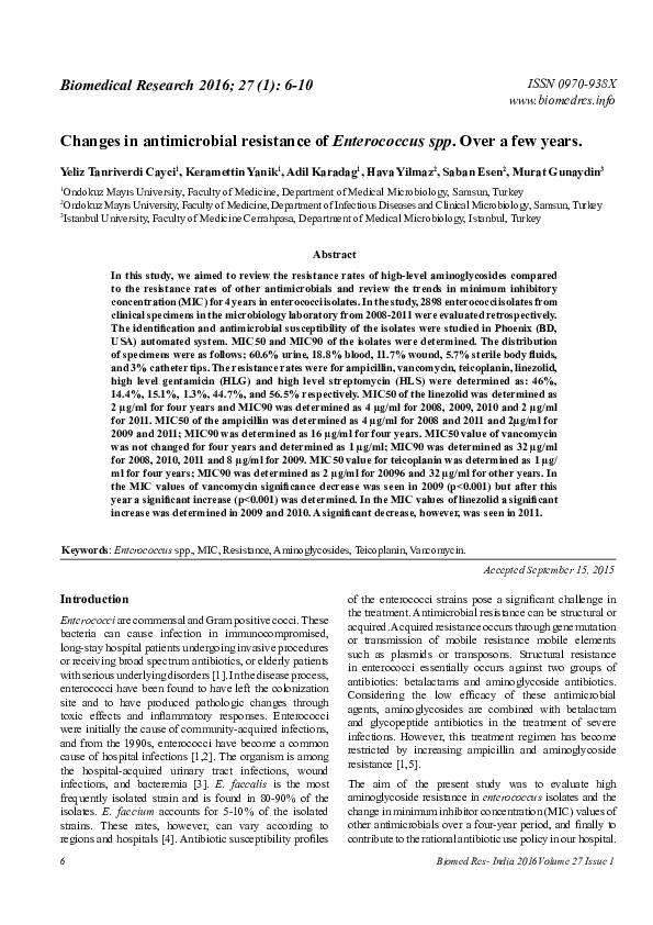 (PDF) Changes in antimicrobial resistance of Enterococcus spp. Over a ...