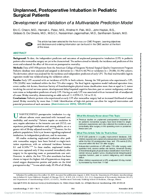 (PDF) Unplanned, Postoperative Intubation in Pediatric Surgical Patients: Development and ...