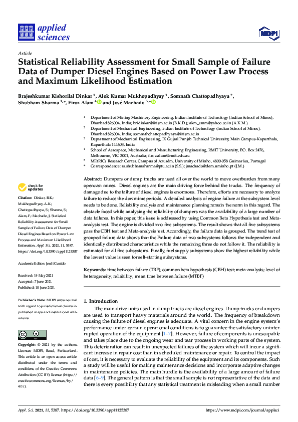 (PDF) Statistical Reliability Assessment for Small Sample of Failure Data of Dumper Diesel ...