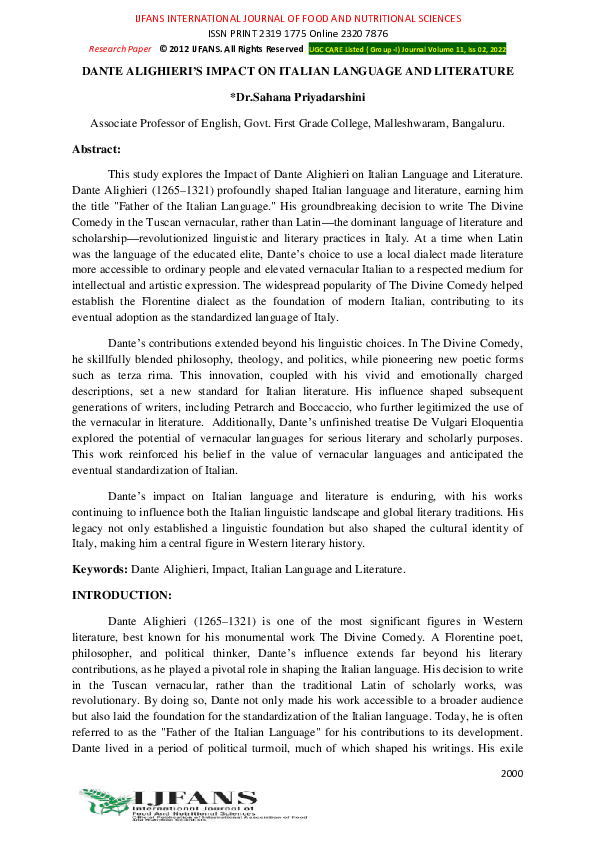 (PDF) DANTE ALIGHIERI'S IMPACT ON ITALIAN LANGUAGE AND LITERATURE