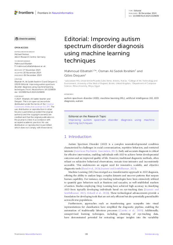 (PDF) Editorial: Improving autism spectrum disorder diagnosis using ...