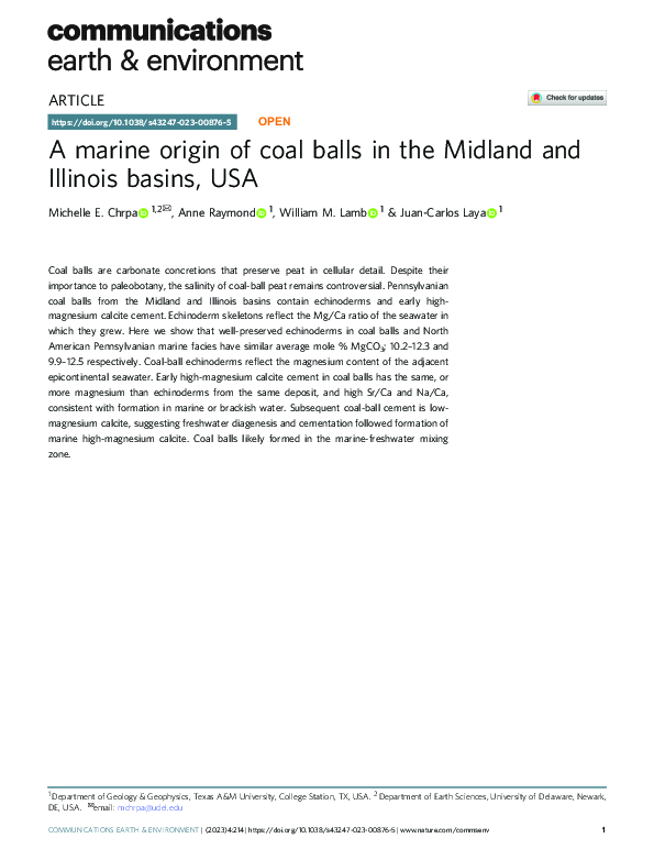 (PDF) A marine origin of coal balls in the Midland and Illinois basins, USA