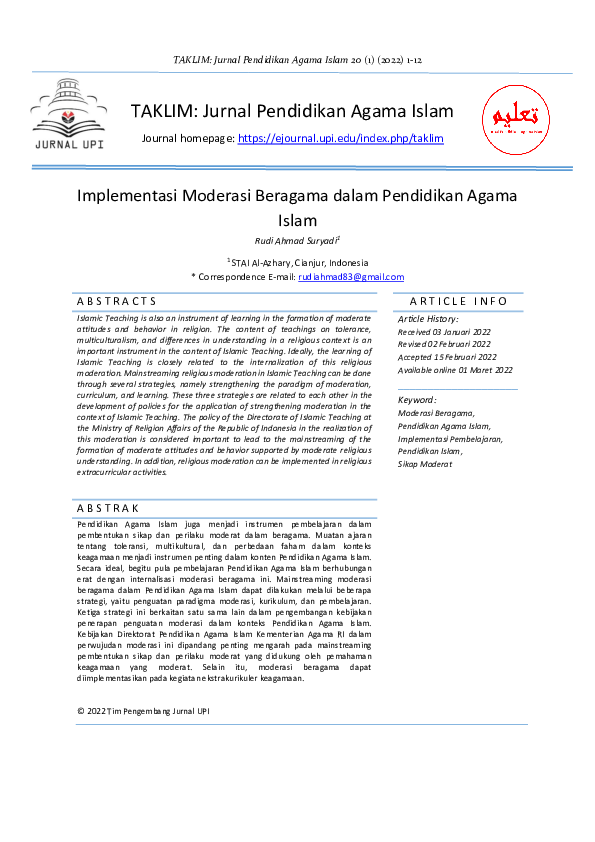 (PDF) Implementasi Moderasi Beragama Dalam Pendidikan Agama Islam