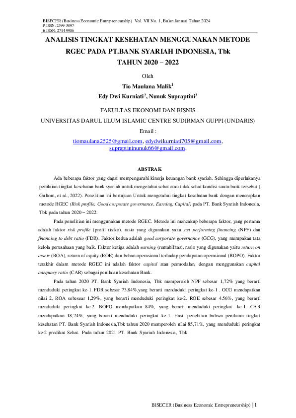 (PDF) ANALISIS TINGKAT KESEHATAN MENGGUNAKAN METODE RGEC PADA PT. BANK SYARIAH INDONESIA, Tbk ...