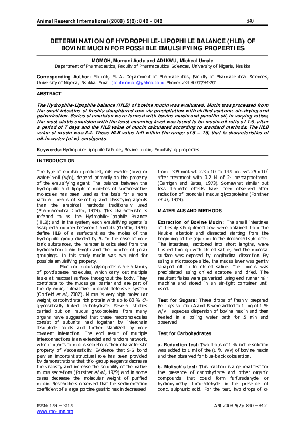 (PDF) Determination of hydrophile-lipophile balance of some ...