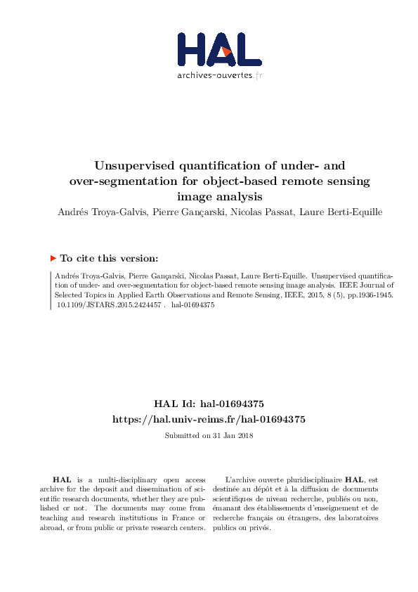 (PDF) Unsupervised Quantification of Under- and Over-Segmentation for Object-Based Remote ...