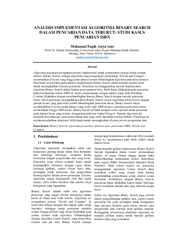 (PDF) ANALISIS IMPLEMENTASI ALGORITMA BINARY SEARCH DALAM PENCARIAN DATA TERURUT: STUDI KASUS ...