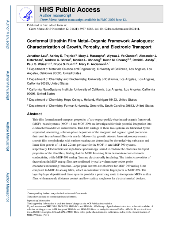 (PDF) Conformal Ultrathin Film Metal–Organic Framework Analogues: Characterization of Growth ...