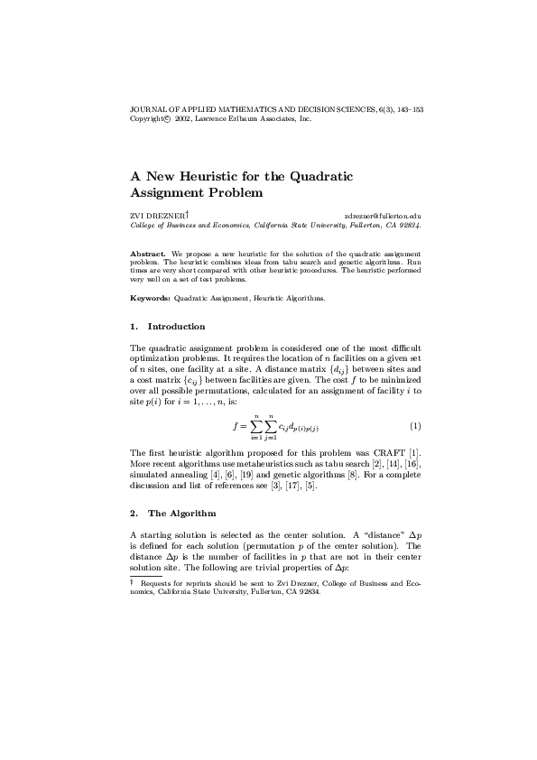 (PDF) A new heuristic for the quadratic assignment problem