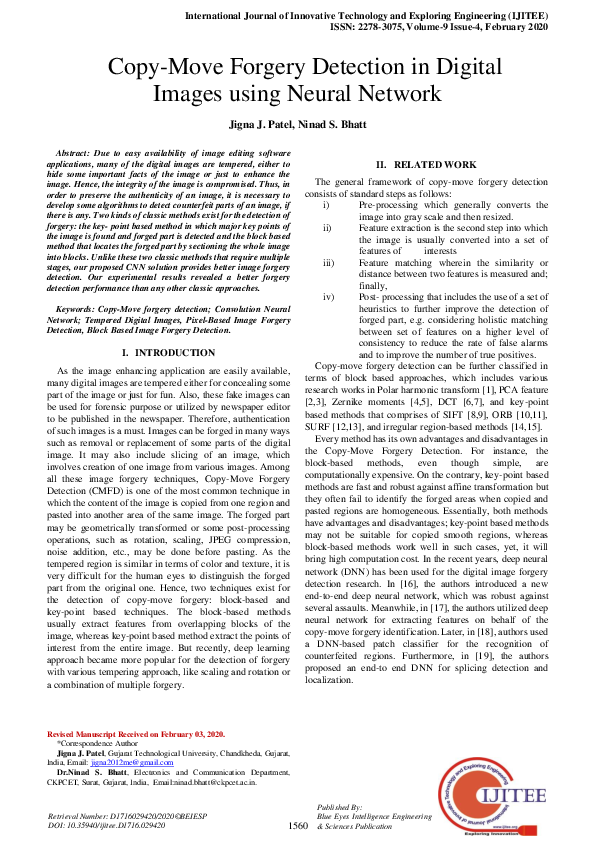 (PDF) Copy-Move Forgery Detection in Digital Images using Neural Network