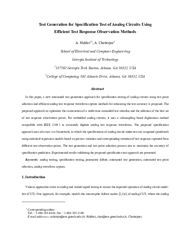 Pdf Test Generation For Specification Test Of Analog Circuits Using Efficient Test Response