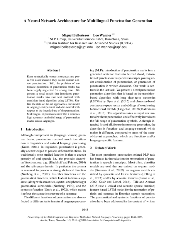 (PDF) A Neural Network Architecture for Multilingual Punctuation Generation