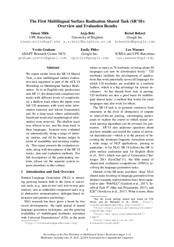 (PDF) The First Multilingual Surface Realisation Shared Task (SR’18): Overview and Evaluation ...