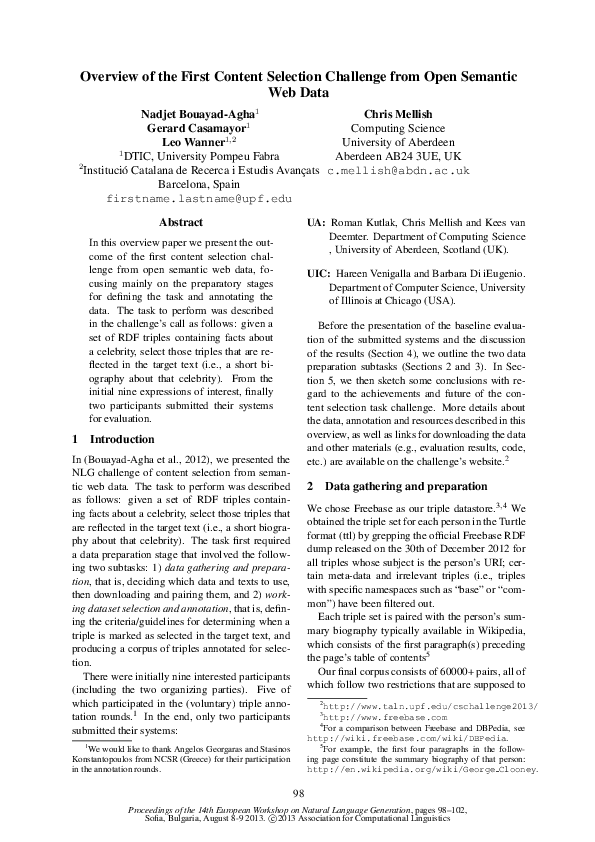 (PDF) Overview of the First Content Selection Challenge from Open Semantic Web Data