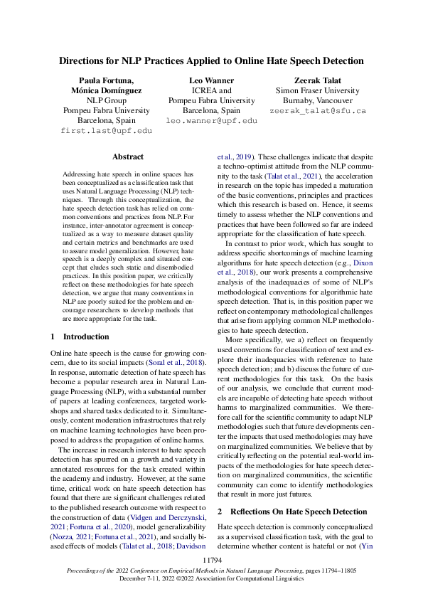 (PDF) Directions for NLP Practices Applied to Online Hate Speech Detection
