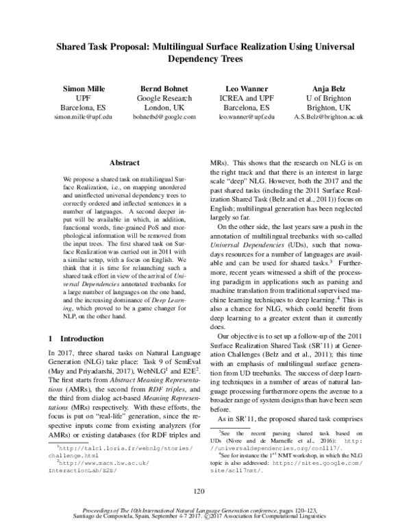 (PDF) Shared Task Proposal: Multilingual Surface Realization Using Universal Dependency Trees ...