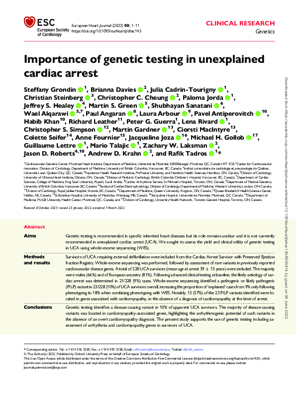 (PDF) Importance of genetic testing in unexplained cardiac arrest