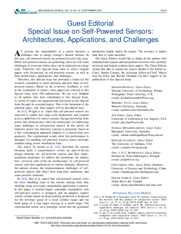 (PDF) Guest Editorial Special Issue on Self-Powered Sensors: Architectures, Applications, and ...