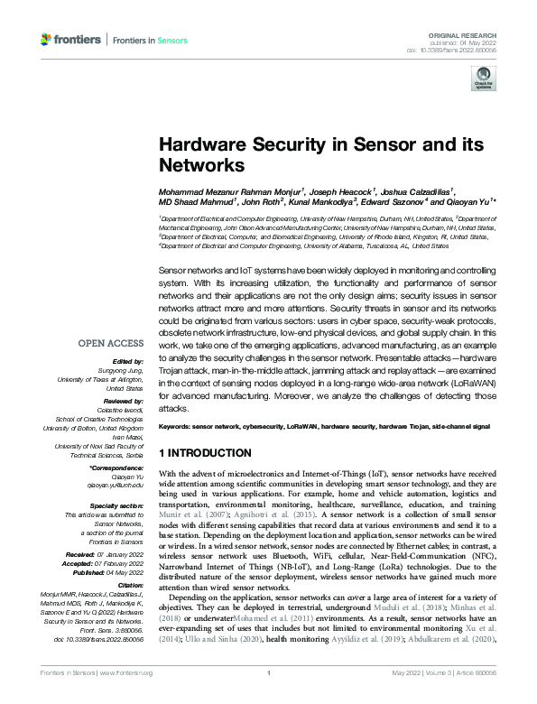 (PDF) Hardware Security in Sensor and its Networks | Edward Sazonov ...
