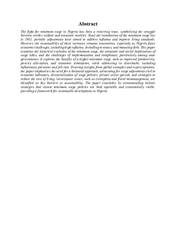 (PDF) The Fight for Minimum Wage in Nigeria; Balancing Worker Welfare and Economic Realities