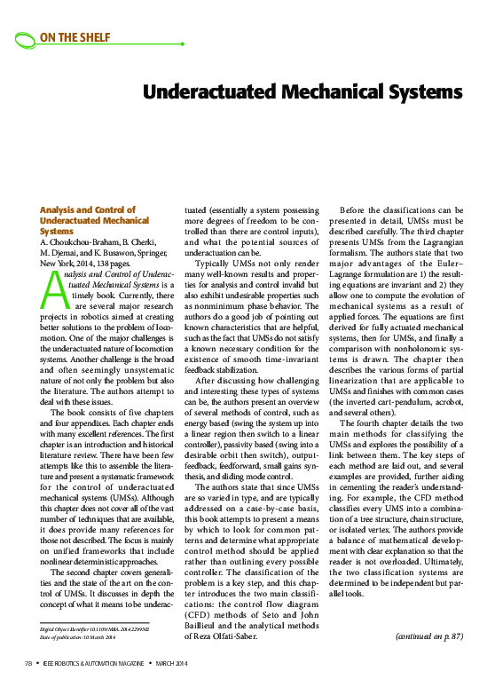 (PDF) Analysis and Control of Underactuated Mechanical Systems [On the ...