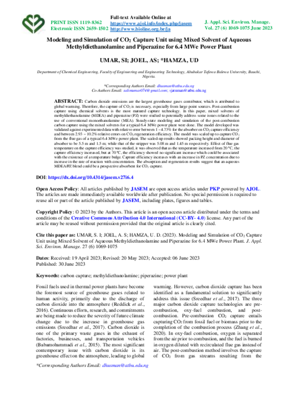 (PDF) Modeling and Simulation of CO2 Capture Unit using Mixed Solvent of Aqueous ...