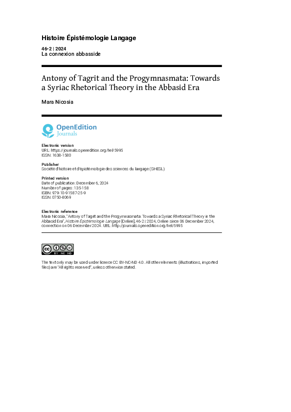 (PDF) Nicosia_Antony of Tagrit and the Progymnasmata: Towards a Syriac ...