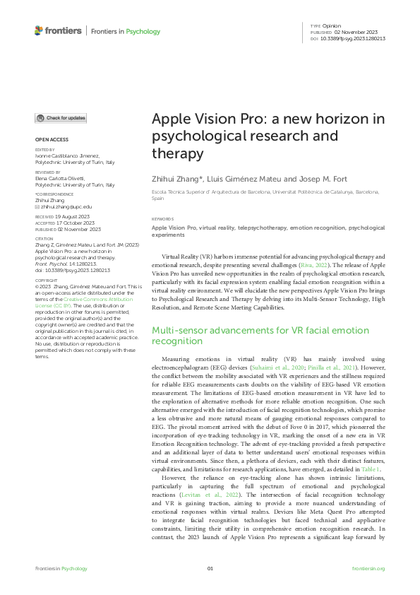 (PDF) Apple Vision Pro: a new horizon in psychological research and therapy