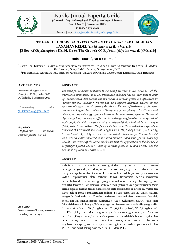 (PDF) PENGARUH HERBISIDA OXYFLUORFEN TERHADAP PERTUMBUHAN TANAMAN KEDELAI (Glycine max (L.) Merril)